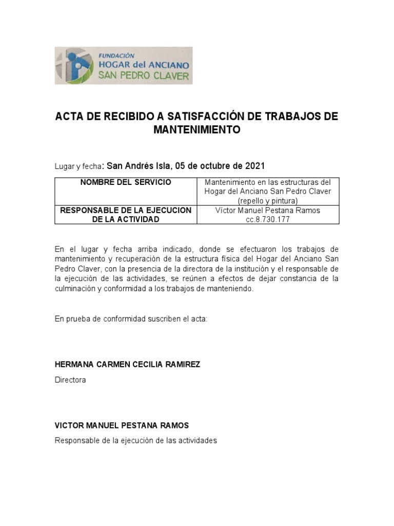 Acta de Recibido A Satisfacción de Trabajos de Mantenimiento | PDF
