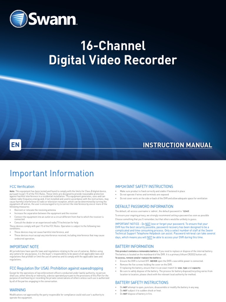 4200 Series 16 Channel DVR Manual | PDF | Digital Video Recorder | Video