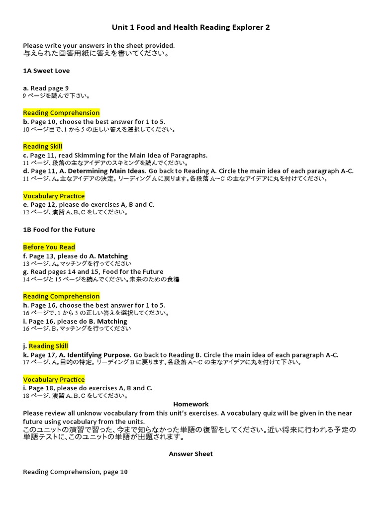 Reading E Unit 1 Food and Health Reading Explorer 2 2 | PDF