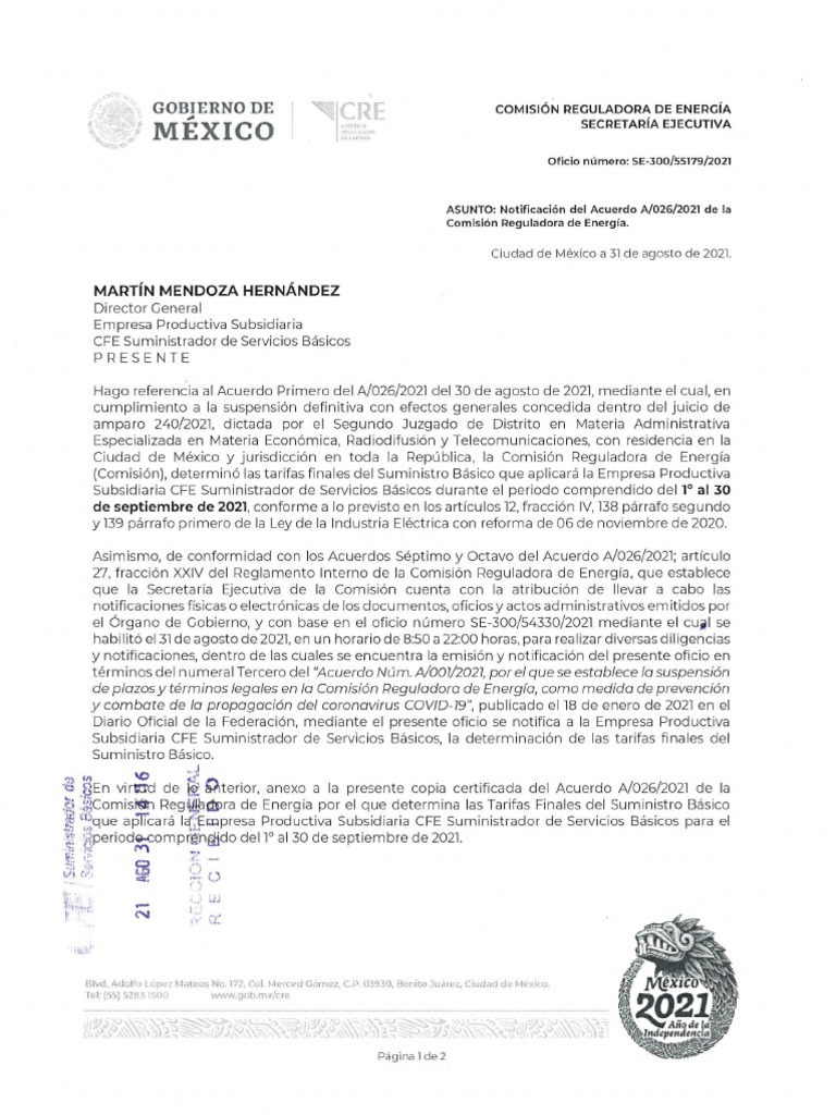 Oficio SE 300 55179 2021 Acuerdo A 026 2021 TFSB Septiembre 2021 | PDF