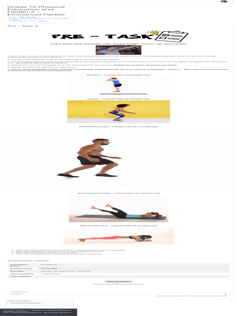 G12 - Physical Education 3 - Mr. Pacleb (Block 1) Pre - Task 2 | PDF | Physical Education