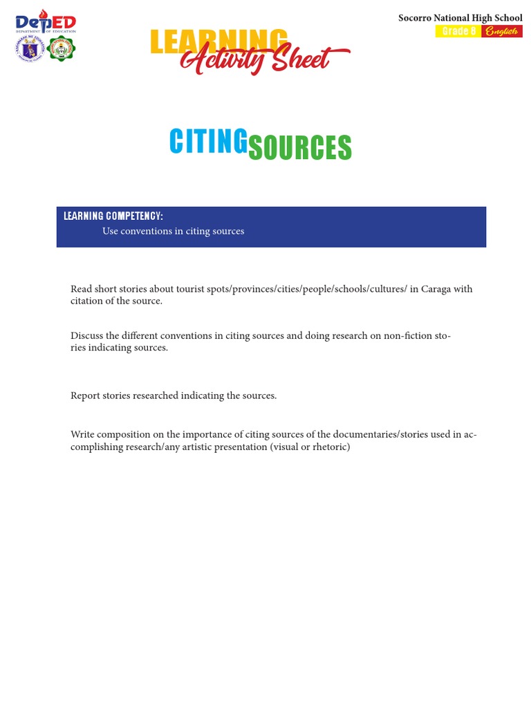 Grade 8 English: Citing Sources Activity | PDF