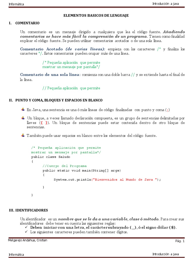 ELEMENTOS BASICOS DEL LENGUAJE I Java | PDF | Java (lenguaje de programación) | Cadena (informática)