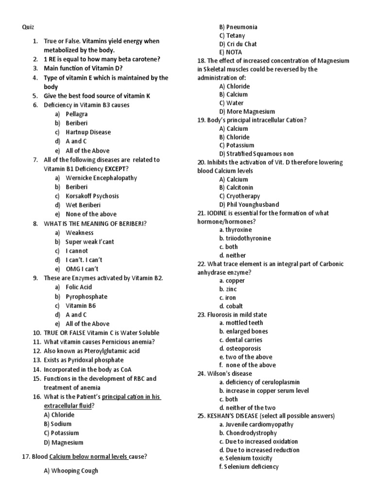 Vitamins and Minerals Quiz Questions | PDF | Vitamin | Calcium