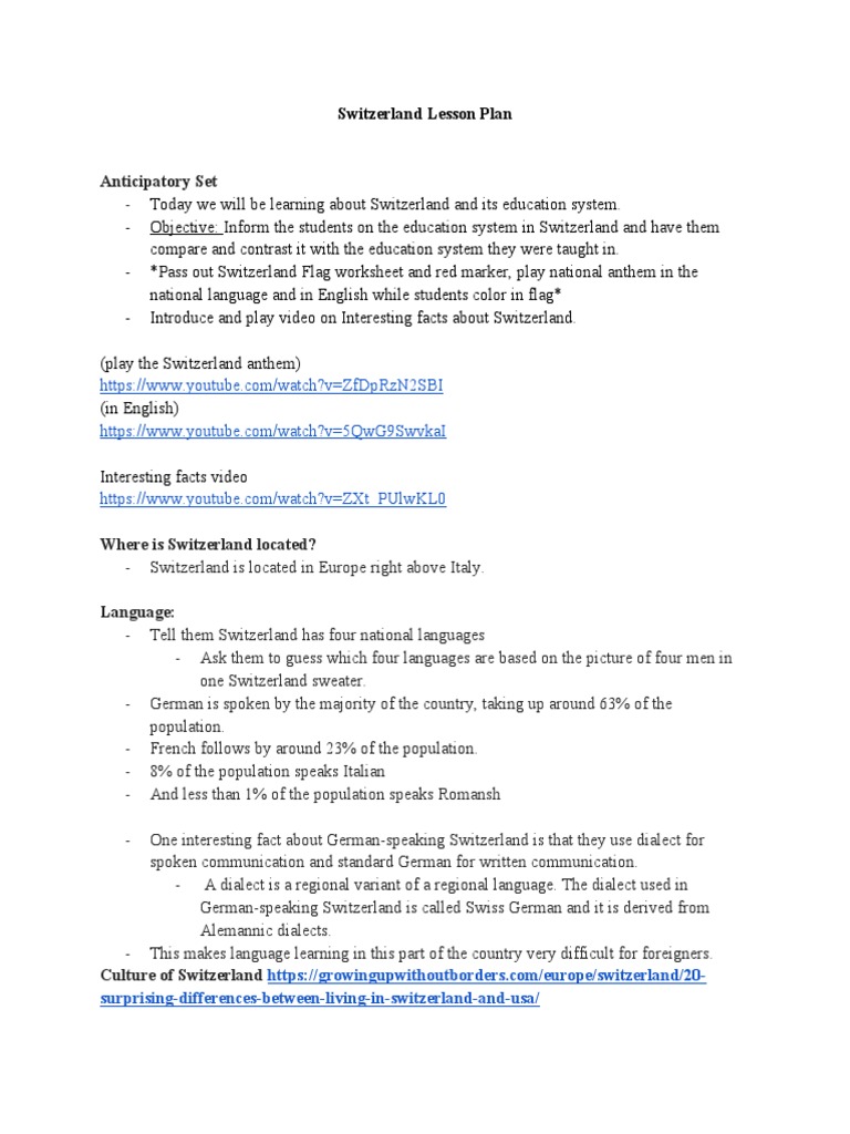 Switzerland Lesson Plan | PDF | German Language | Dialect