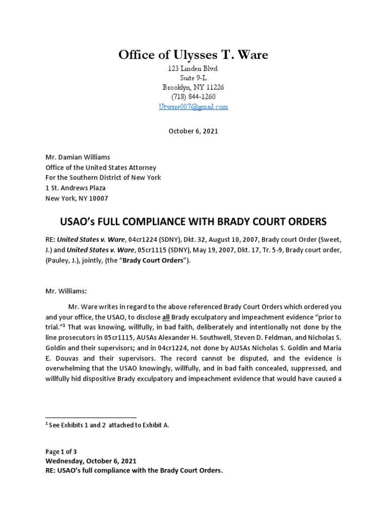 10.06.21 Damian Williams Re Compliance With Brady Court Orders | PDF ...