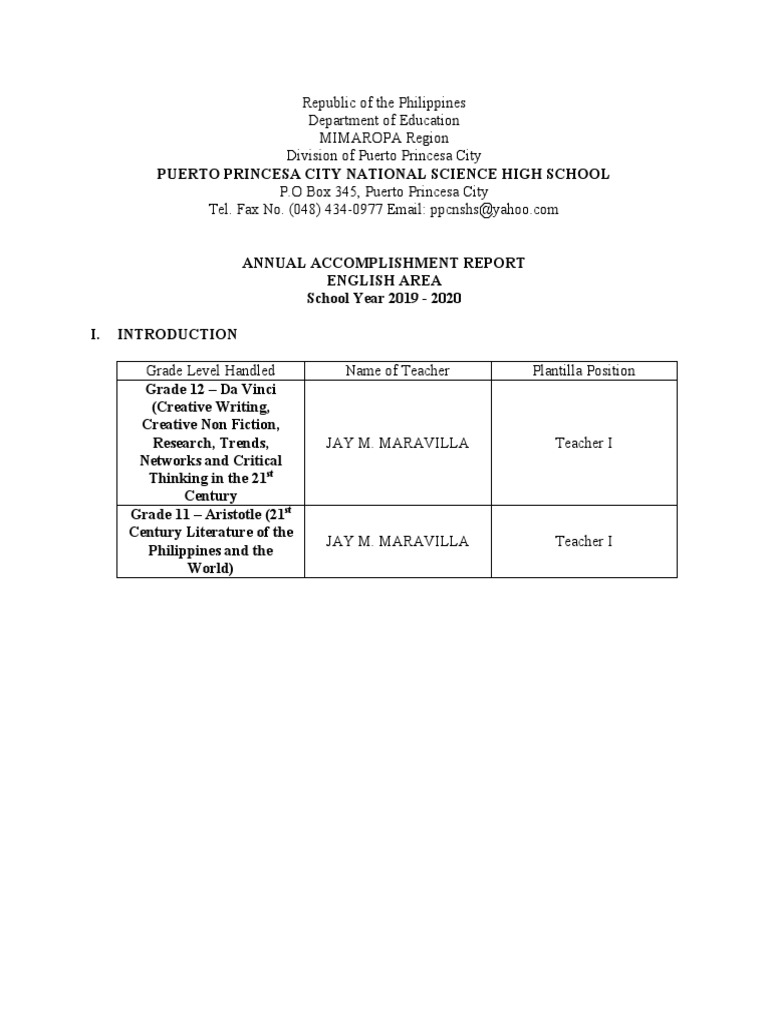 English Accomplishment Report | PDF | Curriculum | Pedagogy