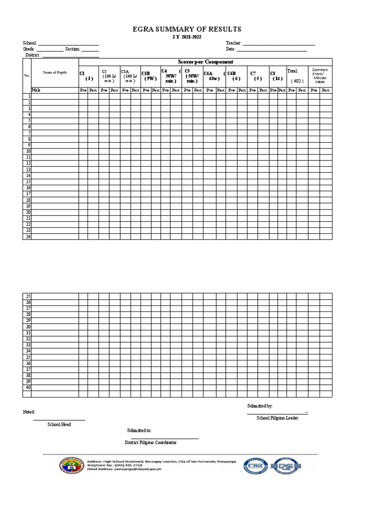 Egra Summary of Results: Scores Per Component | PDF