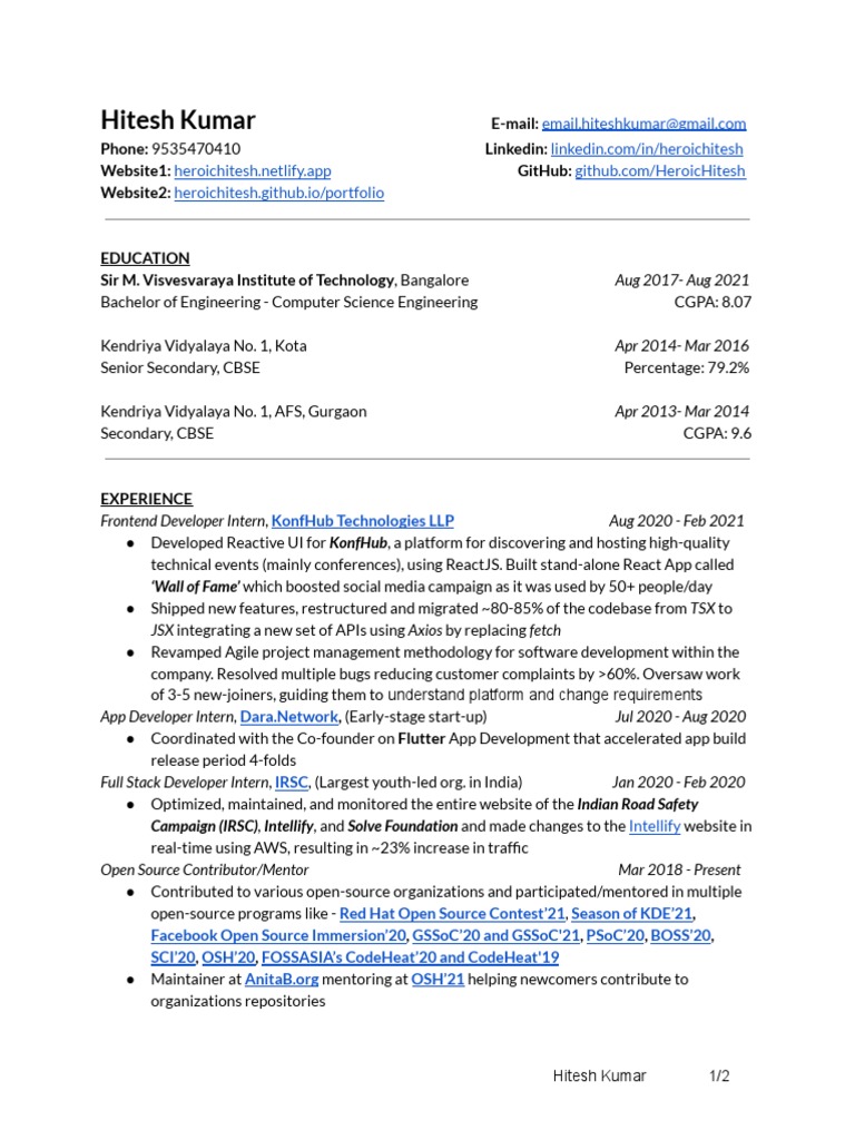 Hitesh Kumar: Heroichitesh - Github.io/portfolio | PDF | Computing ...