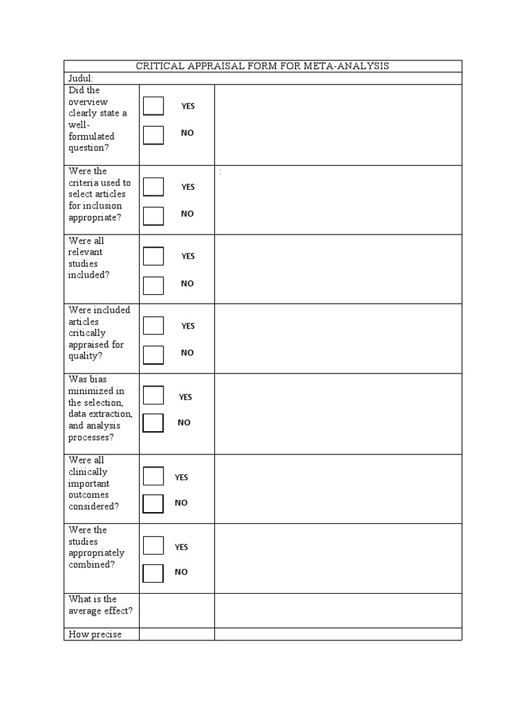Critical Appraisal Form For Meta | PDF
