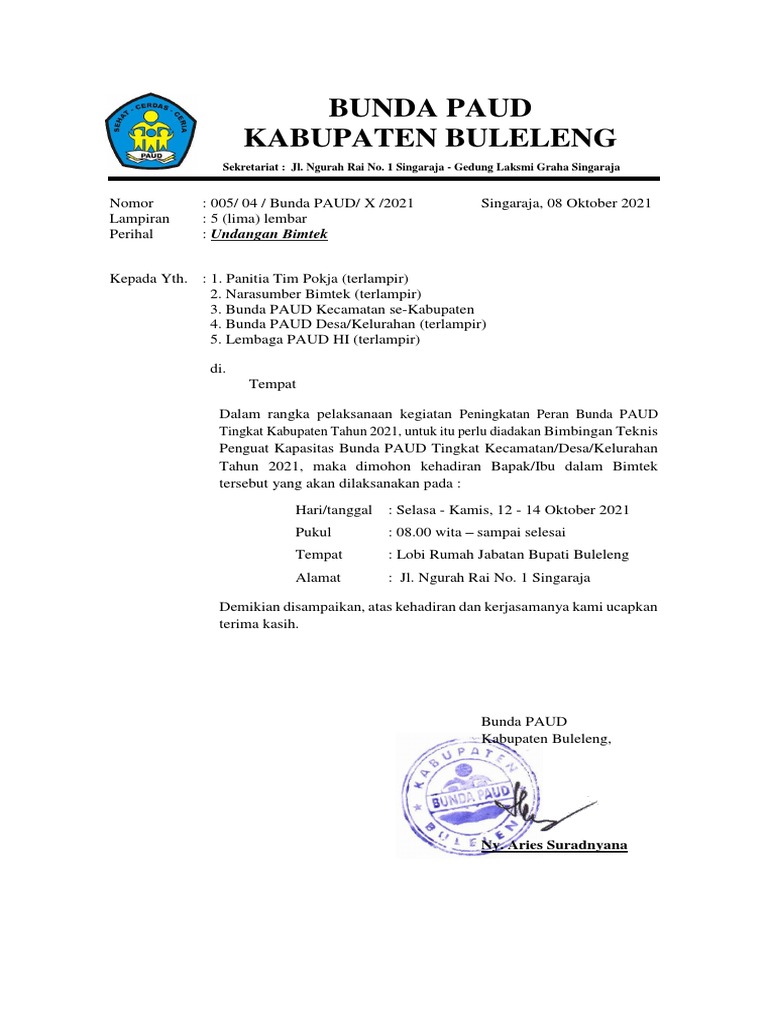 SURAT UNDANGAN Bimtek Bunda PAUD | PDF