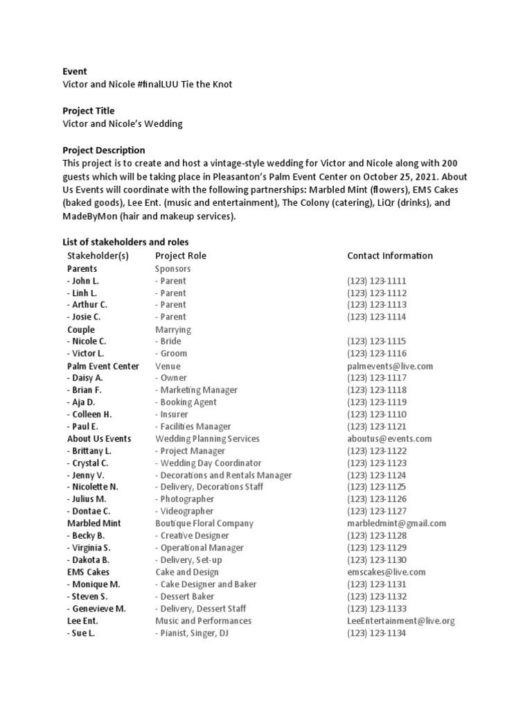 Event Planning Project Charter | PDF | Wedding | Fashion Related Occasions