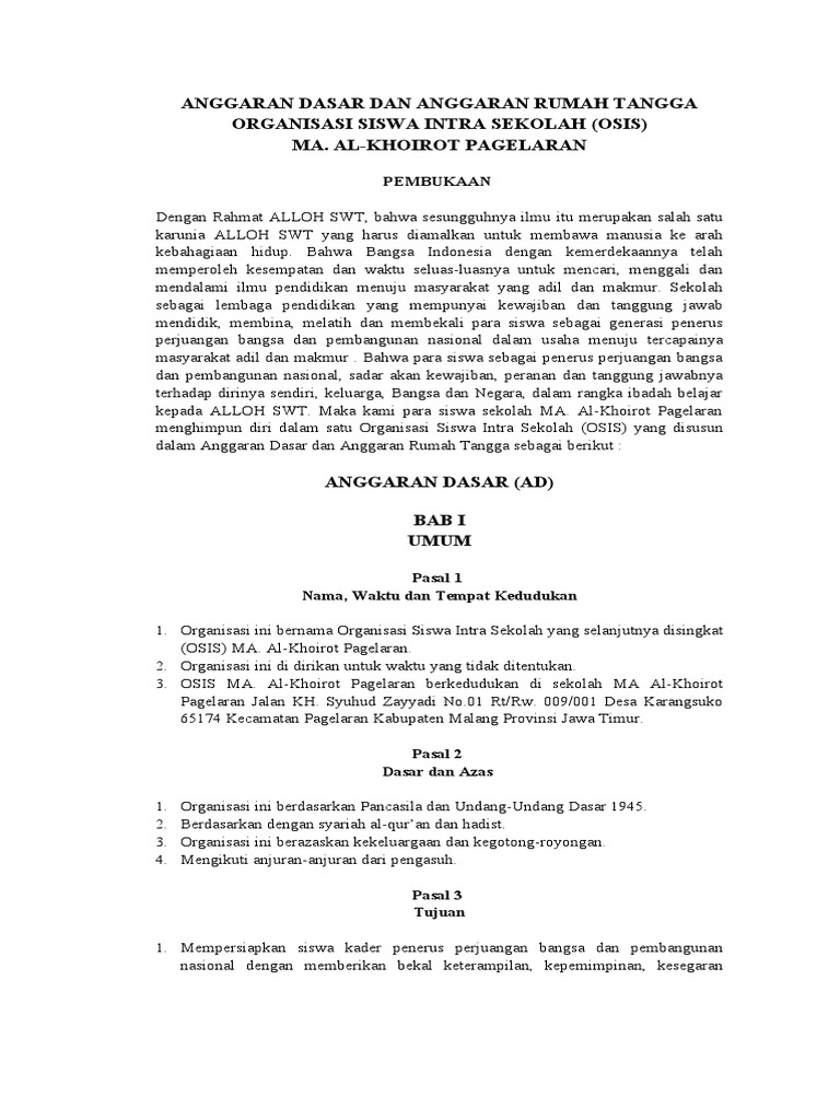AD/ART OSIS MA Al-Khoirot Pagelaran | PDF