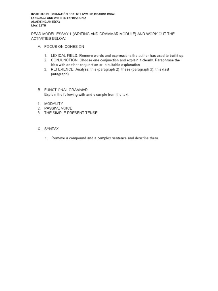 Activities On Model Essay 1 | PDF | Teaching Methods & Materials