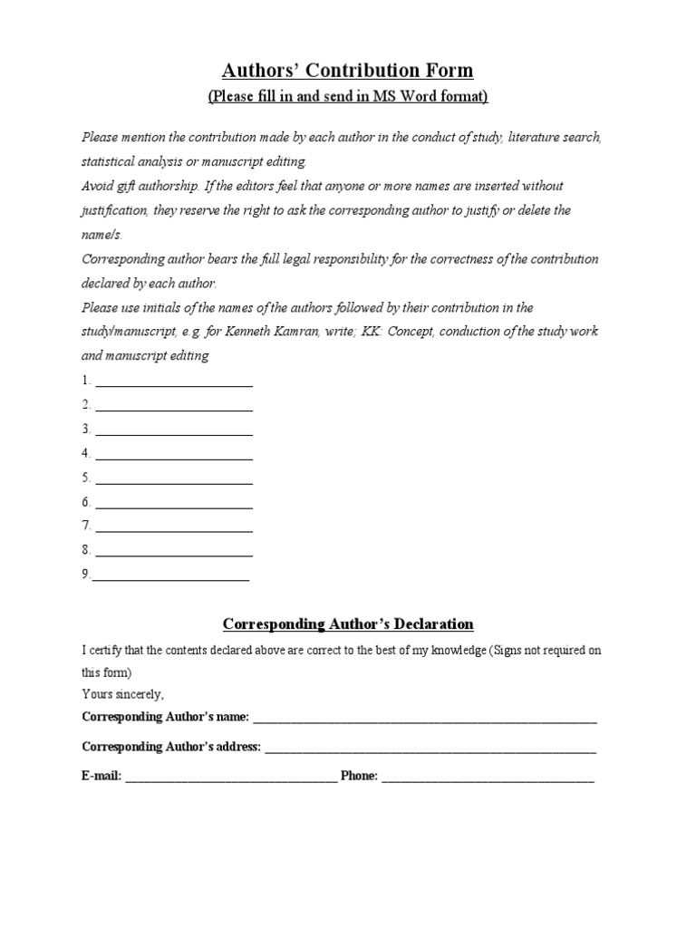 Authors' Contribution Form: (Please Fill in and Send in MS Word Format ...