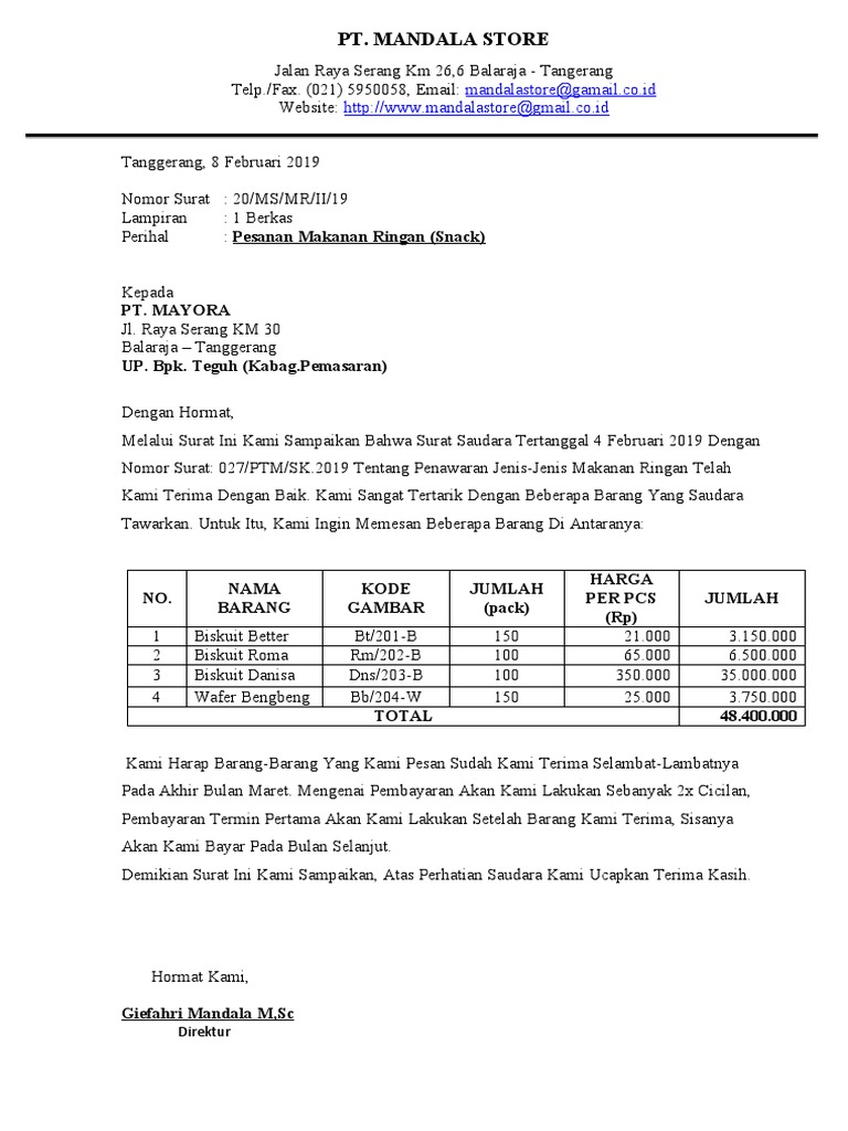 PT Mandala Store Surat Pemesanan Barang | PDF