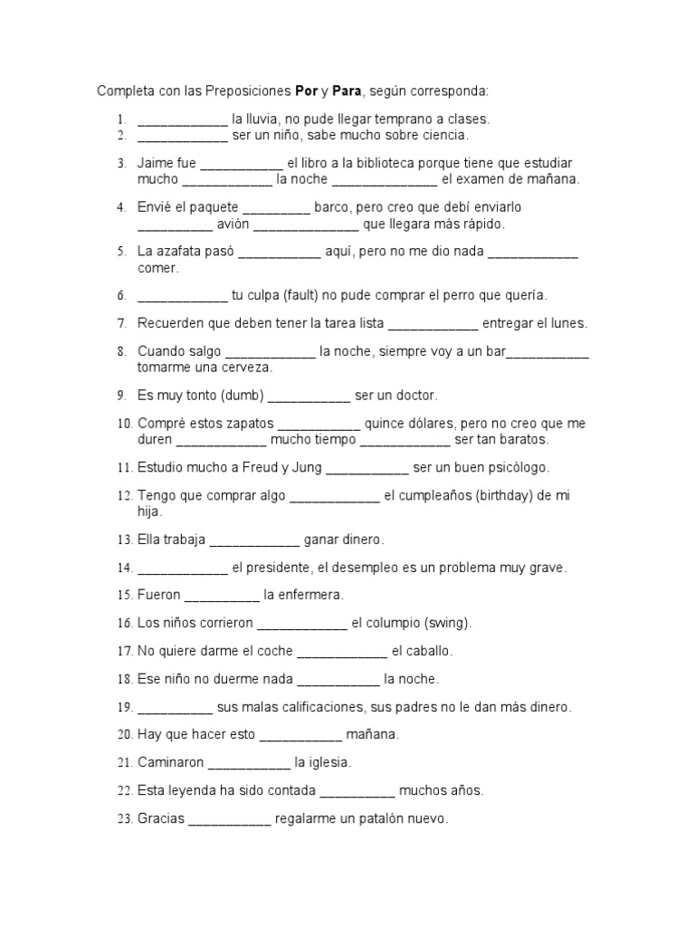 Completa Con Las Preposiciones Por y para | PDF