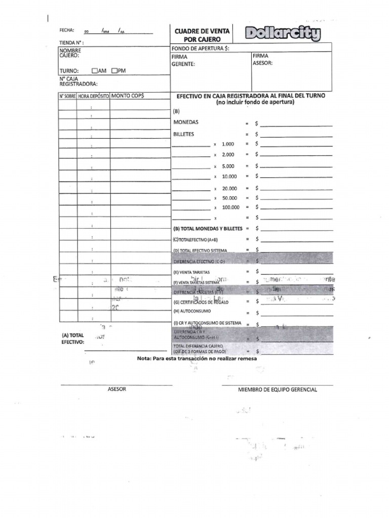 Hoja de Cuadre de Ventas Cajero | PDF