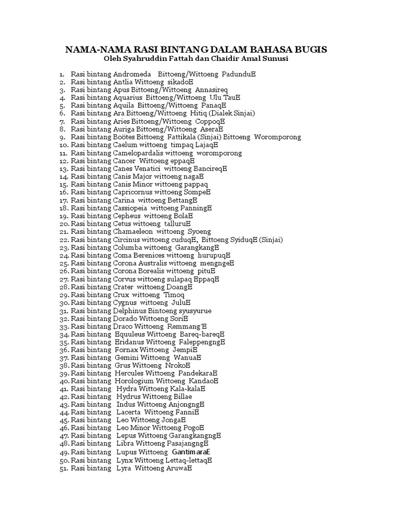 Rasi Bintang Dalam Bahasa Bugis | PDF