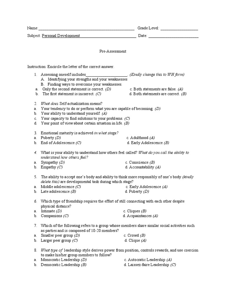 Assessing Personal Development: A Pre-Assessment for Understanding Self ...