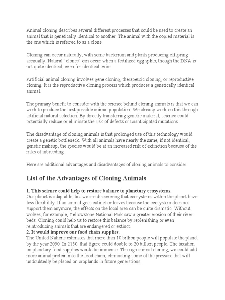 Pros and Cons of Animal Cloning | PDF | Cloning | Genetics