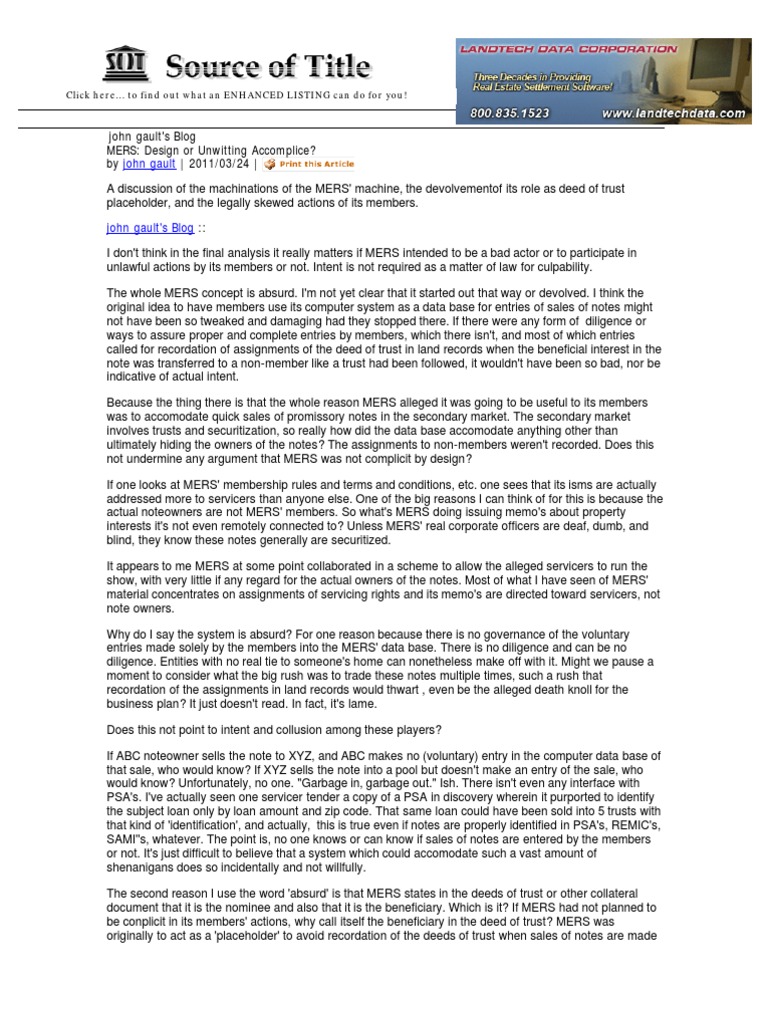 MERS - Design or Unwitting Accomplice | PDF | Foreclosure | Deed Of ...
