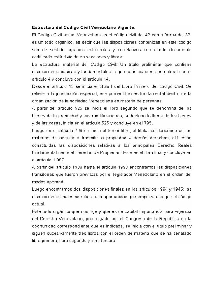 Código Civil Venezolano Vigente Estructura | PDF