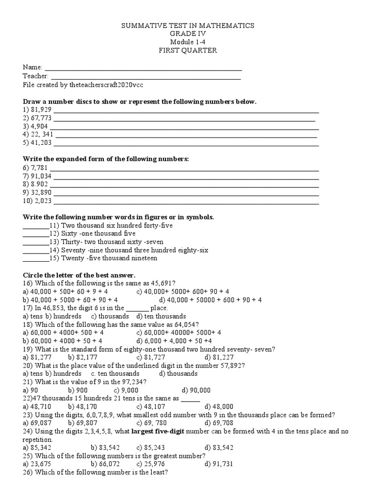 Grade 4 Math Summative Test Q1 | PDF | Numbers | Mathematics