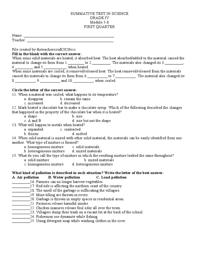 Summative Test in Science | PDF | Mixture | Homogeneity And Heterogeneity