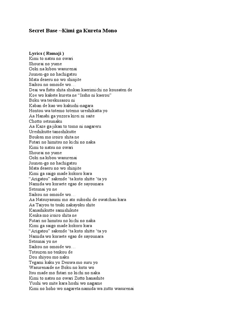 Secret Base Kimi Ga Kureta Mono: Lyrics (Romaji) | PDF