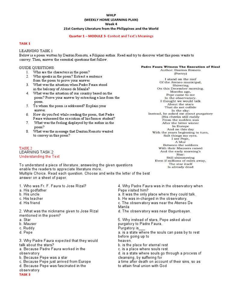 Quarter 1 - MODULE 3-Context and Text's Meanings Task 1 | PDF | Purgatory