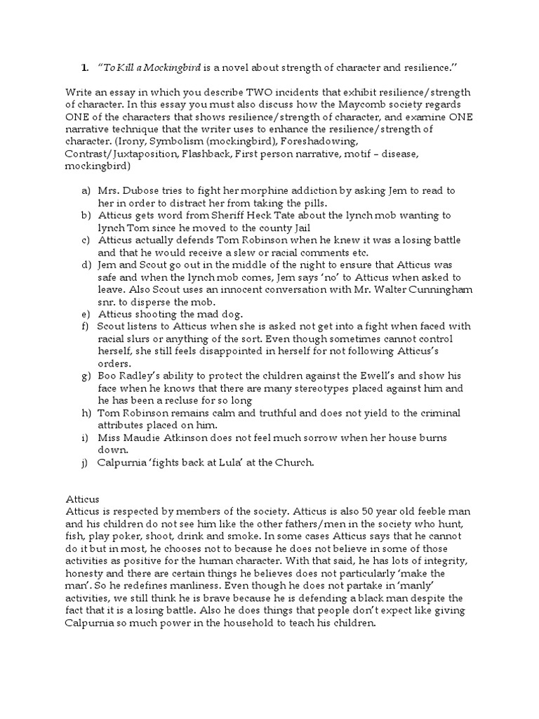 TKAM Essay Outline - Strength of Character and Resilience | PDF | To Kill A Mockingbird