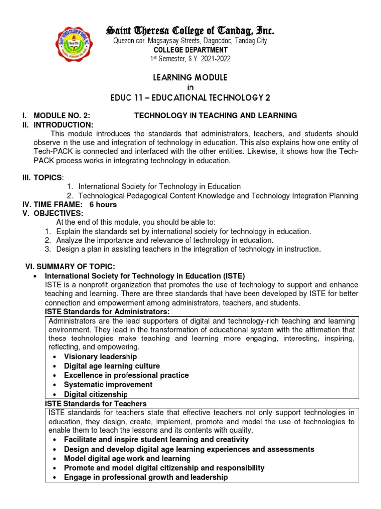 Saint Theresa College of Tandag, Inc.: Learning Module in Educ 11 ...