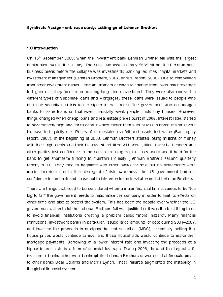 Syndicate Assignment: Case Study: Letting Go of Lehman Brothers | PDF | Market Liquidity ...