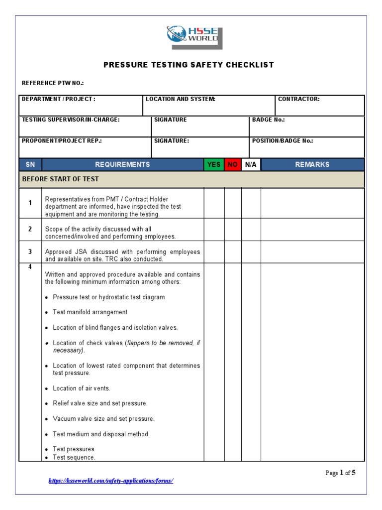 Pressure Testing Safety Checklist: SN Requirements Remarks | PDF ...