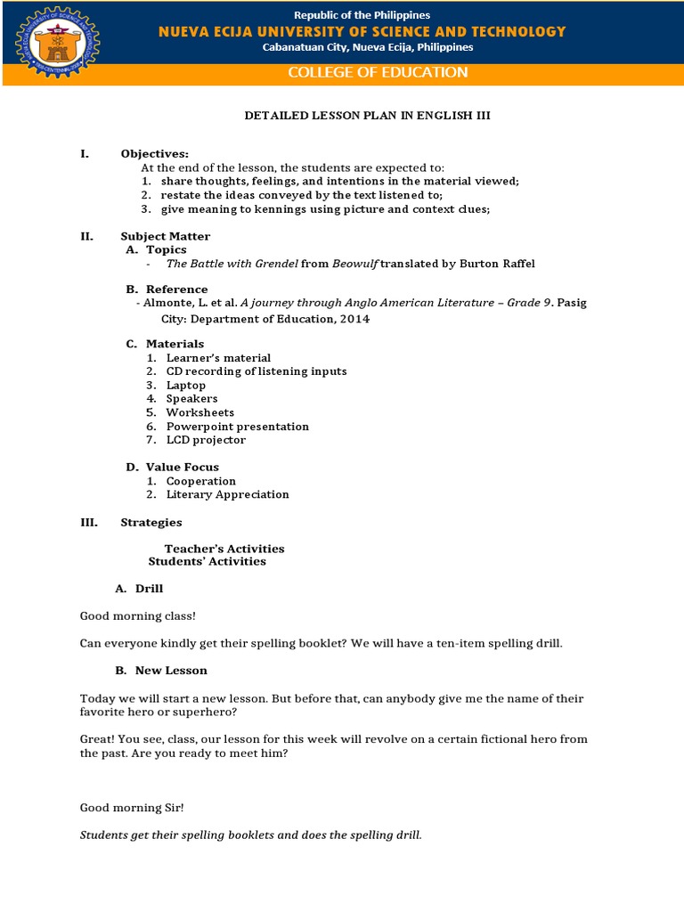 Detailed Lesson Plan English Iii | PDF | Beowulf | Lesson Plan