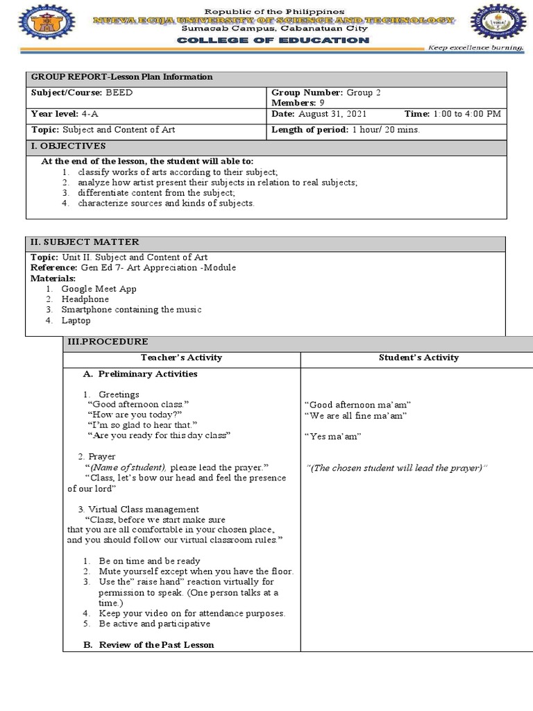 GROUP REPORT-Lesson Plan Information: " (The Chosen Student Will Lead ...