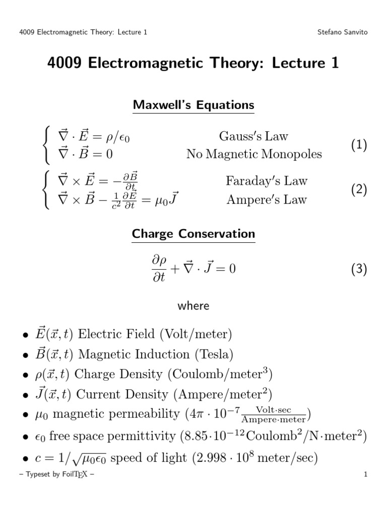 4009 Electromagnetic Theory Lecture 1 Pdf Electric Field Maxwell