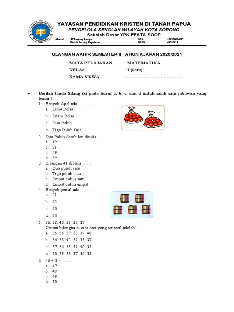 Soal Matematika Kelas 1 SD YPK Efata | PDF | Griya & Taman