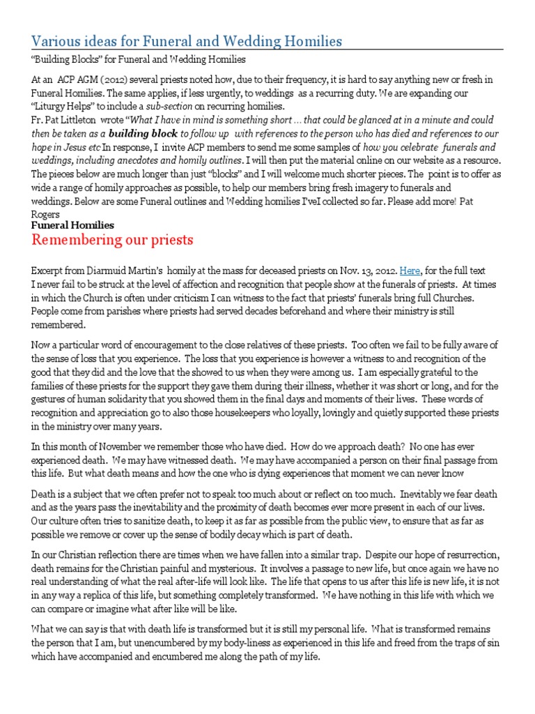 Various Ideas For Funeral and Wedding Homilies | PDF | Jesus | Baptism