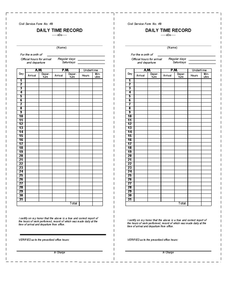 CSC Form No 48 Daily Time Record DTR | PDF