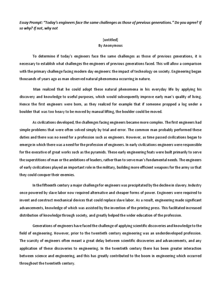 Essay Prompt: "Today's Engineers Face The Same Challenges As Those of ...