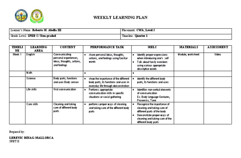 Weekly Learning Plan: Timeli NE Learning Area Content Performance Task ...