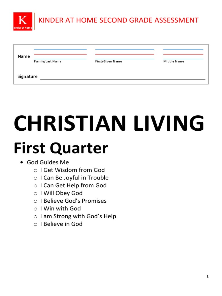 Second Grade Christian Living Assessment for Kinder at Home | PDF ...