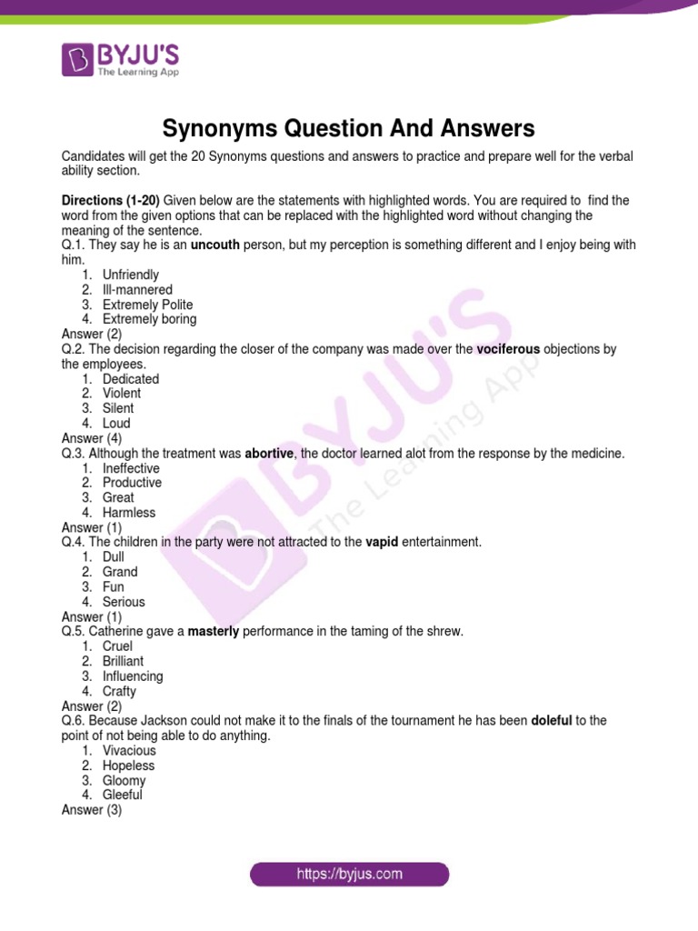 Synonyms Question and Answers | PDF | Linguistics | Grammar Synonyms Question and Answers | PDF | Linguistics | Grammar