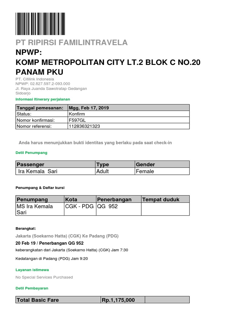 Tiket Ira CGK PDG | PDF