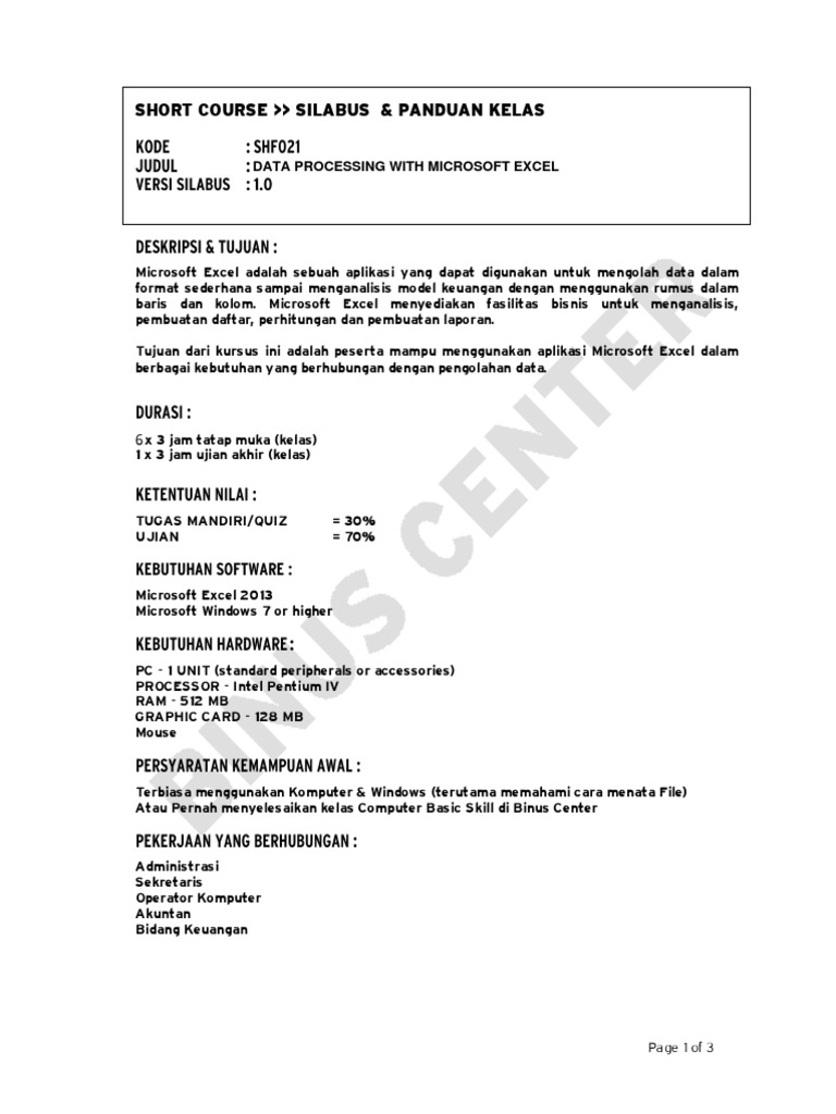 New Silabus Data Processing With Microsoft Excel | PDF