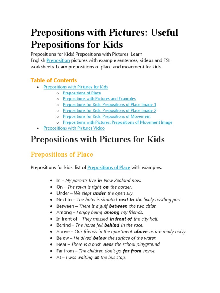 Prepositions With Pictures | PDF | Preposition And Postposition