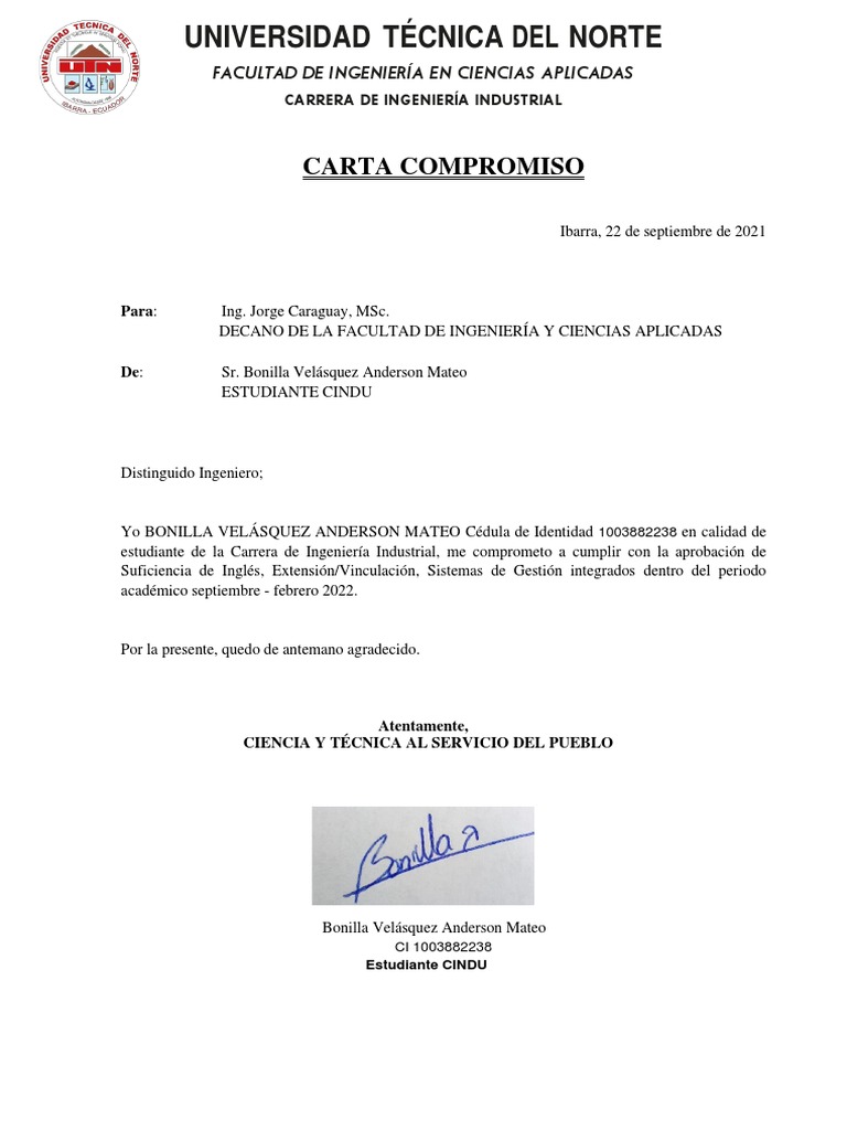 Carta Compromiso Proyecto de Titulación | PDF