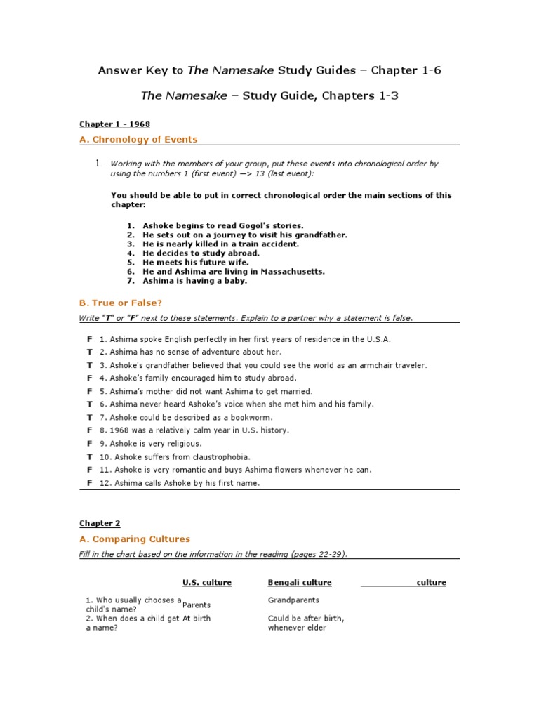 TheNamesakeStudyGuideAnswerKeyChs1 6 | PDF